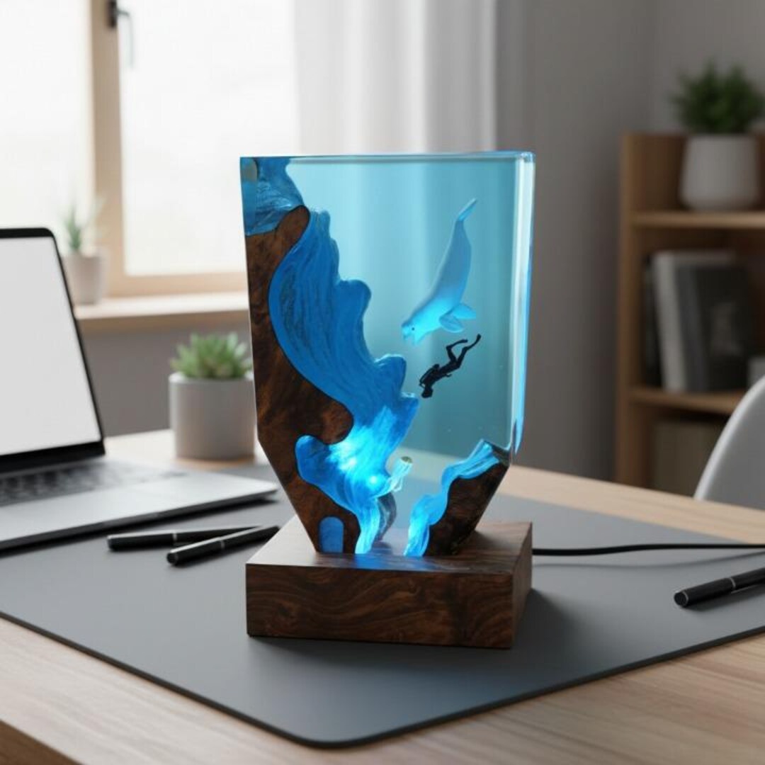 Ocean Blue Resin Lamp, Handmade Ocean Epoxy, LED Desk Light, Coastal ...