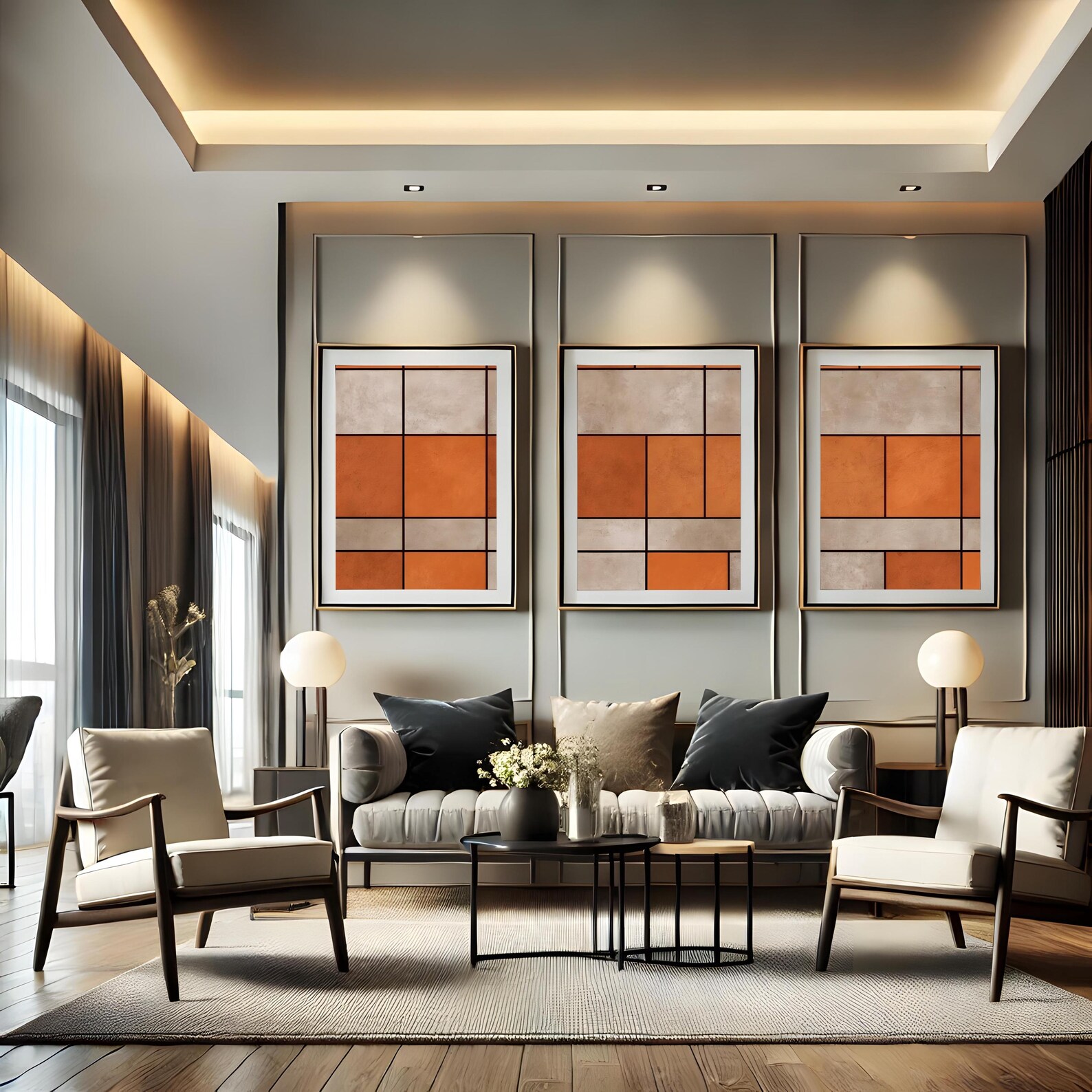 Burnt Orange Grid Triptych, Modern Abstract Tile Art (digital Download ...