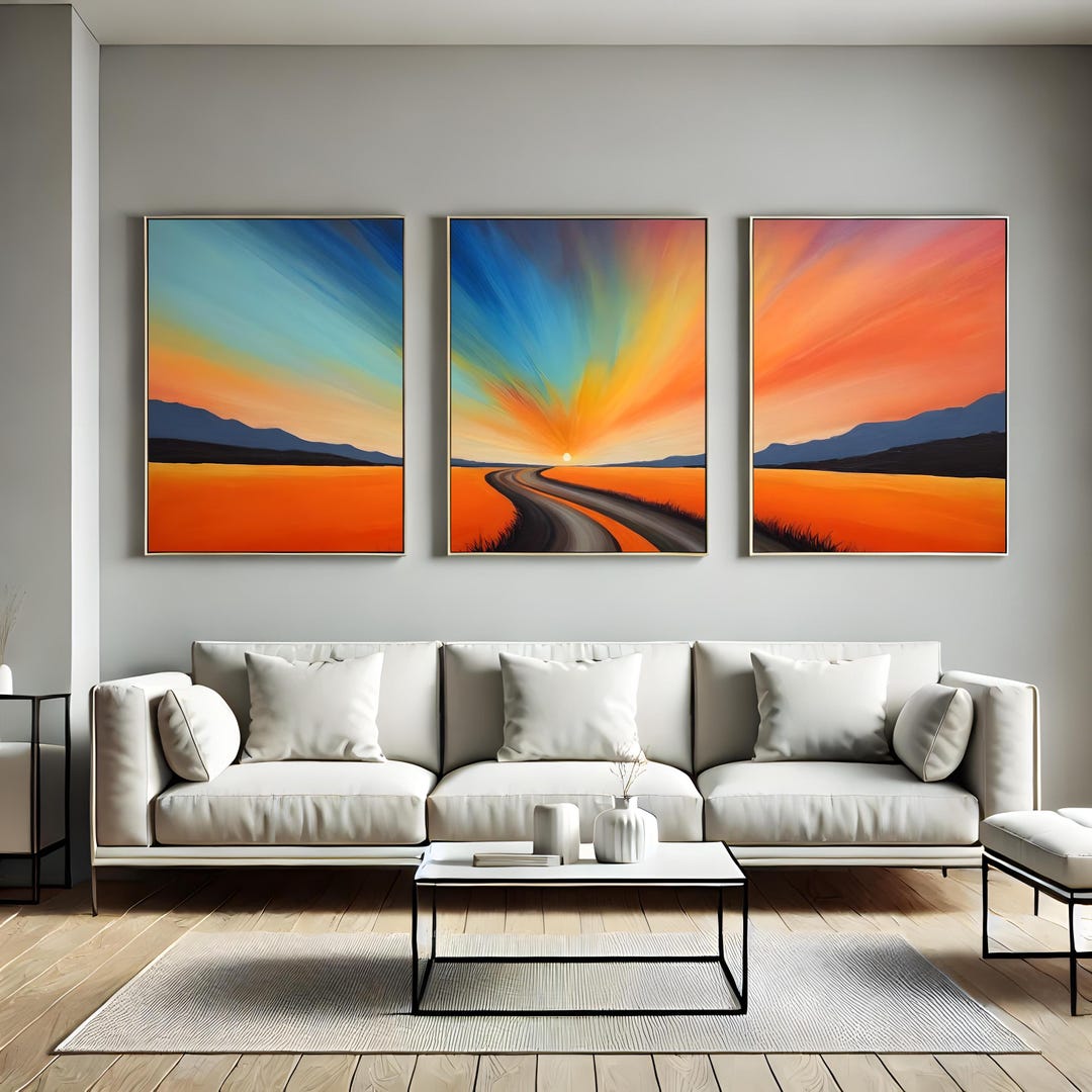 Winding Road Sunset Triptych Wall Art, Golden Plains Blue Sky Panoramic ...