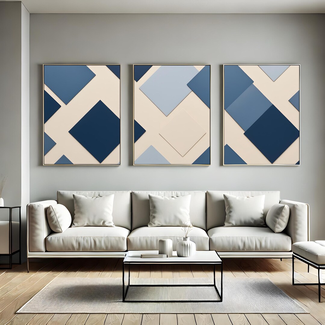 Navy Blue Geometric Triptych, Floating Diamonds Art (digital Download ...
