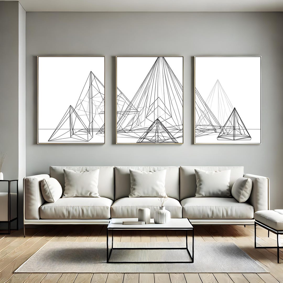 Geometric Crystal Triptych Wall Art, Abstract Pyramid Line Drawing ...