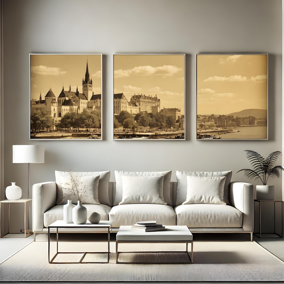 Vintage European Cathedral Triptych Wall Art, Sepia Cityscape Canvas ...