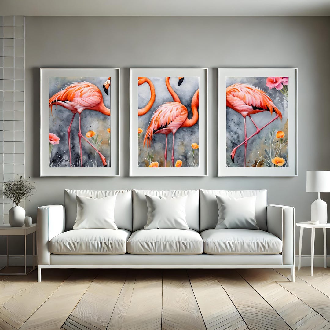 Pink Flamingo Watercolor Triptych Wall Art Set of 3 Tropical Bird Print ...