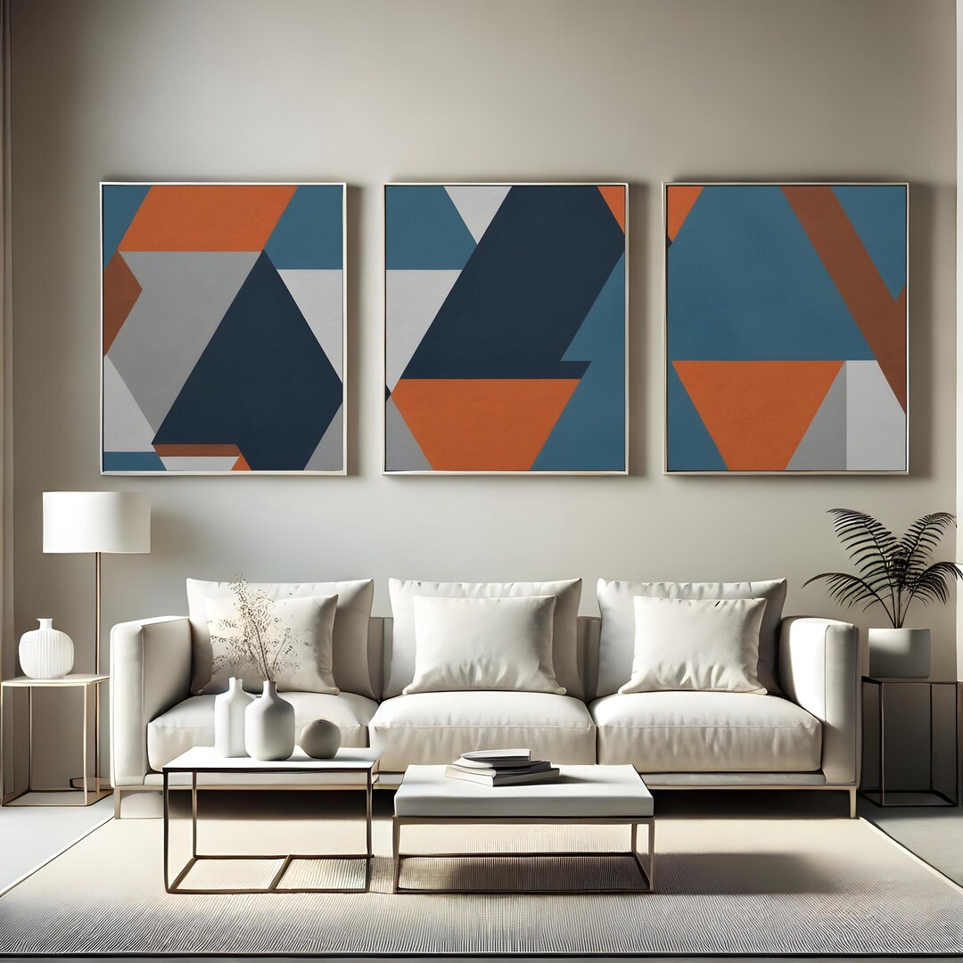Navy Rust Triangle Triptych Wall Art, Geometric Abstract Canvas Print ...