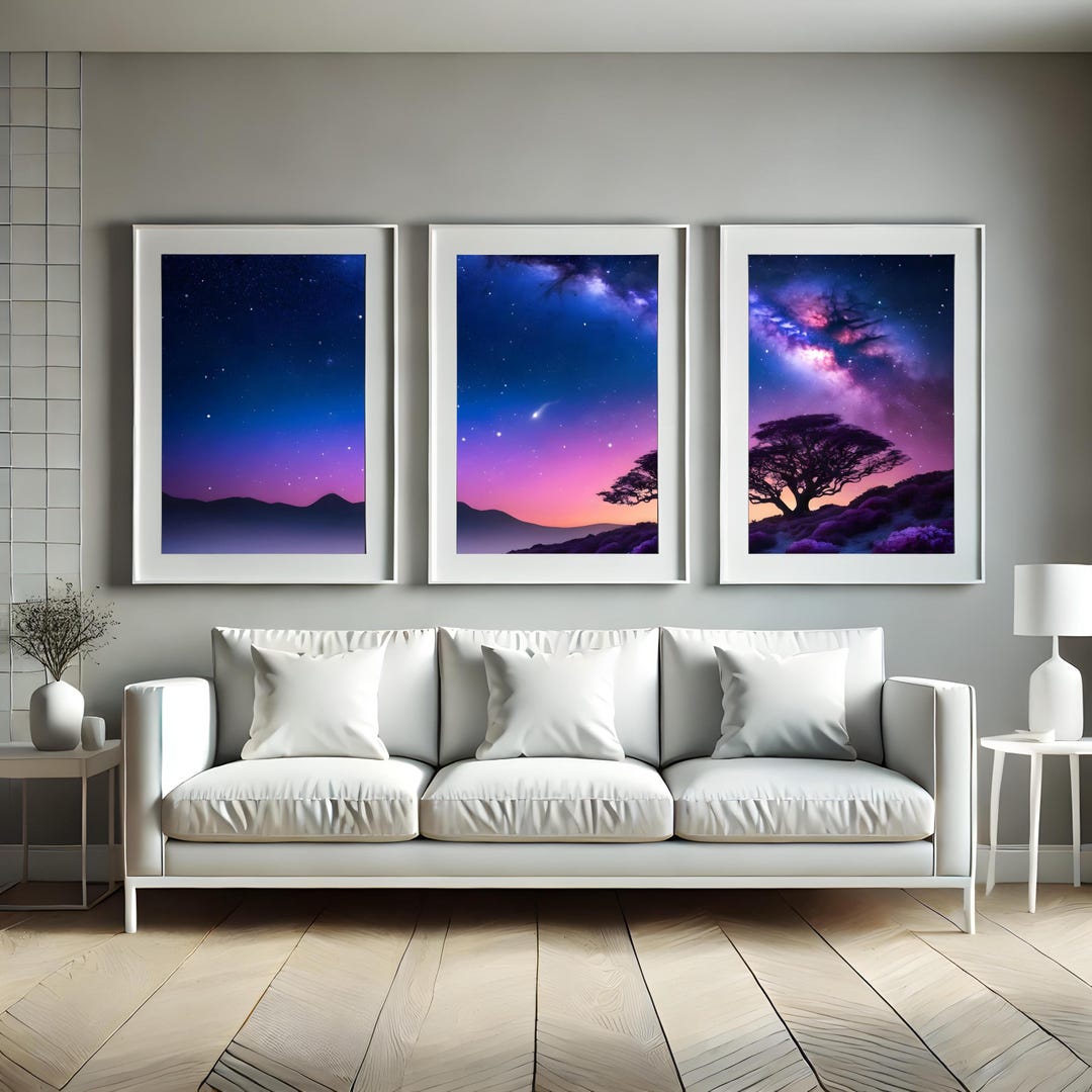 Celestial Night Sky Triptych Wall Art, Milky Way Galaxy Tree Silhouette ...