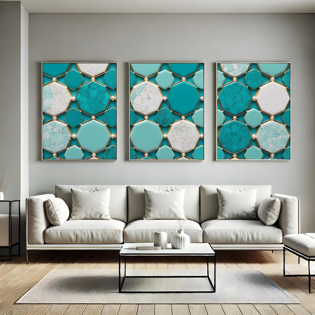 Turquoise Gold Moroccan Tile Triptych Wall Art Set of 3, Luxury ...