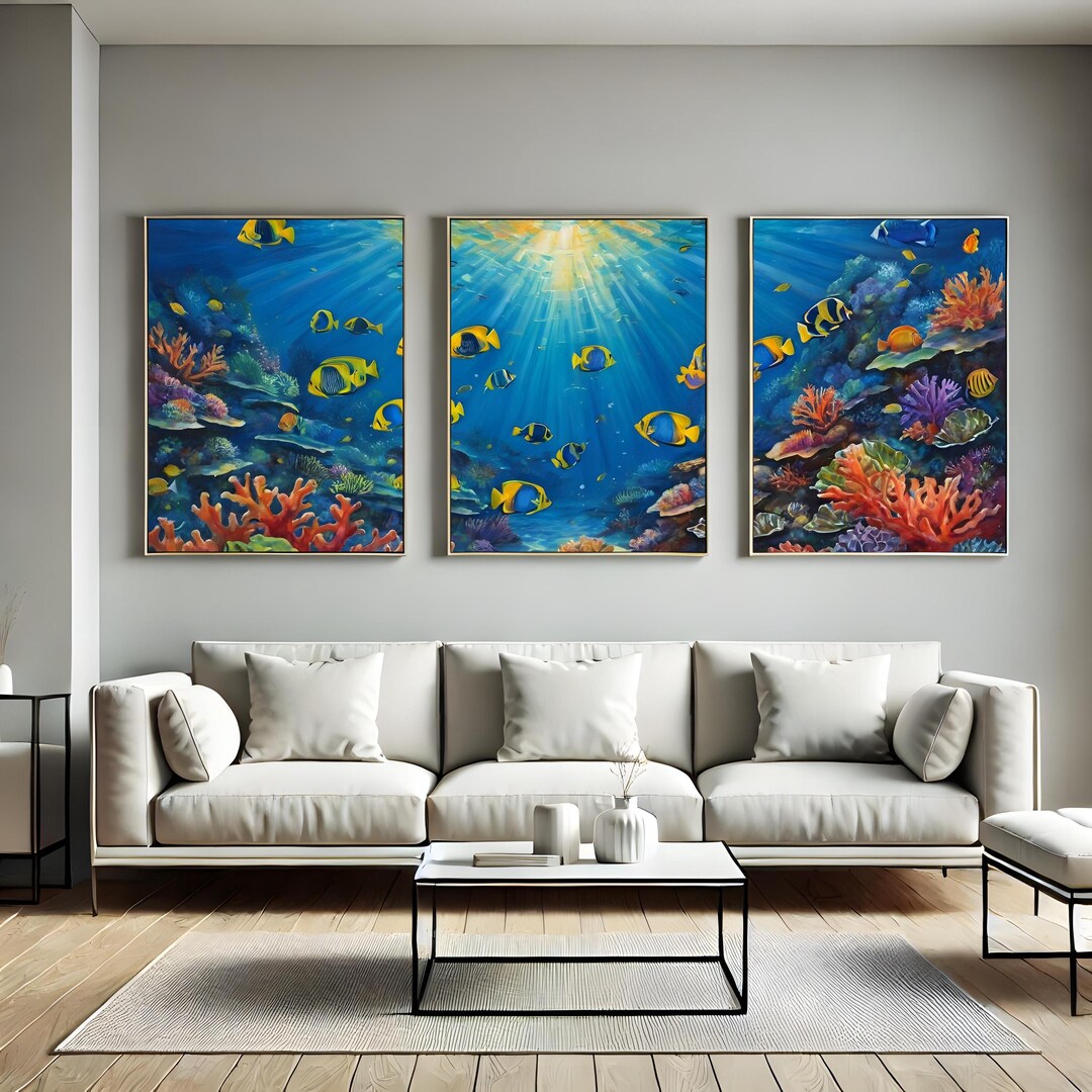 Vibrant Reef Fish Triptych Wall Art Set: Sapphire Ocean Painting ...