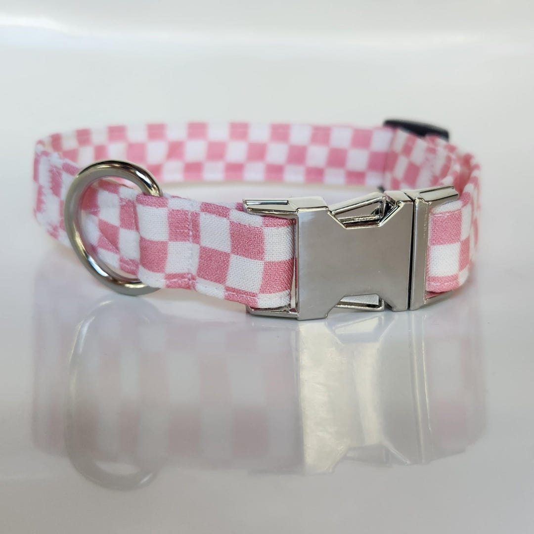 Pink Checkered Collar With Bow Tie, Pink Checkered Dog Collar, Pink ...