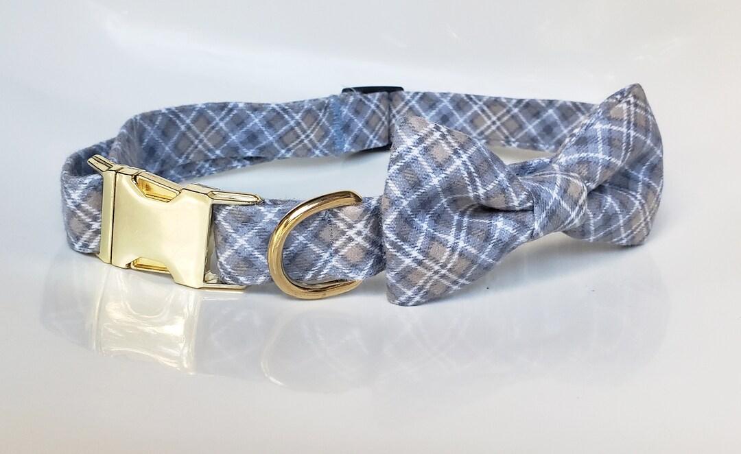 Blue Plaid Collar With Bow Tie, Blue Plaid Dog Collar, Flannel Dog ...