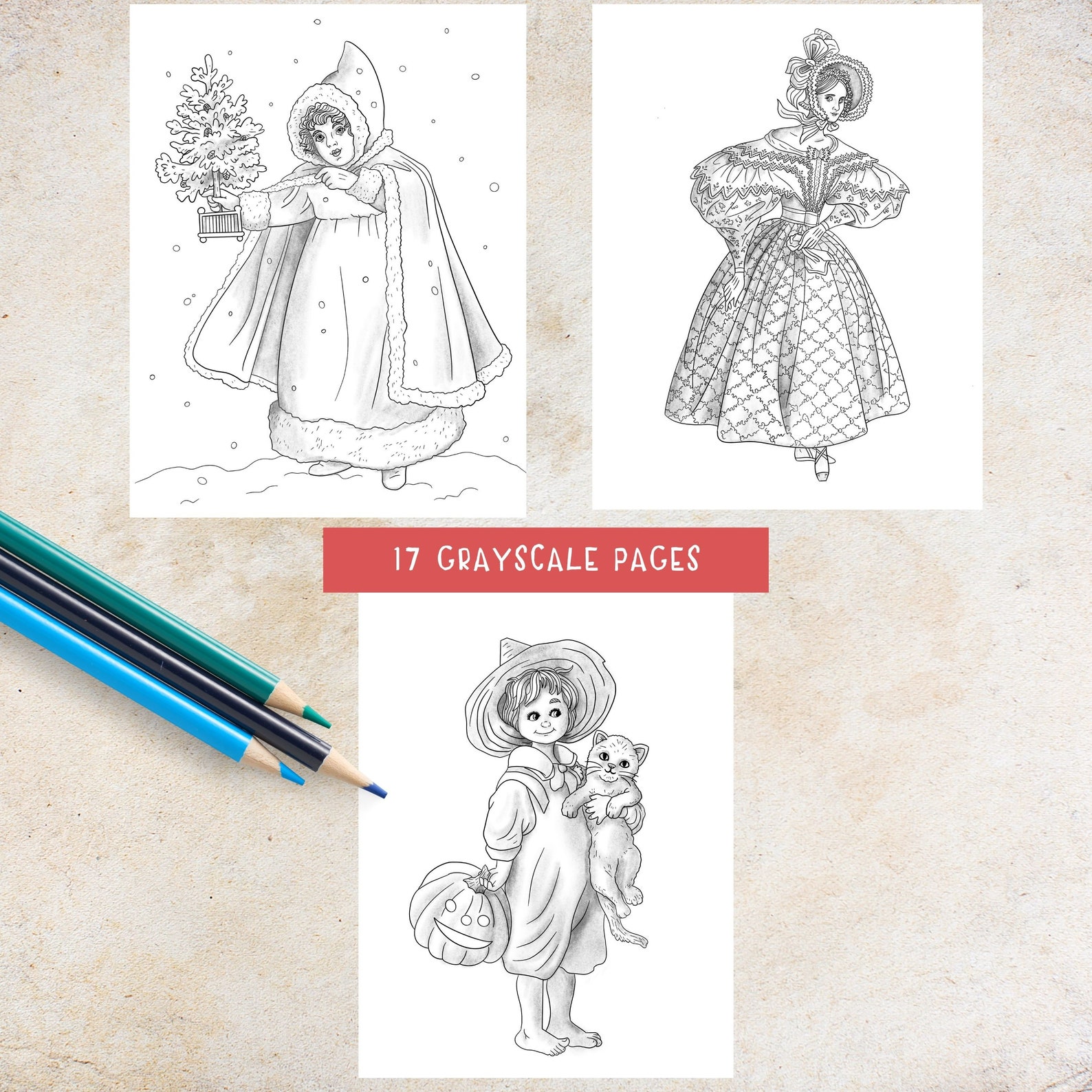 Vintage Ladies Adult Coloring Pages 17 Printable Grayscale - Etsy