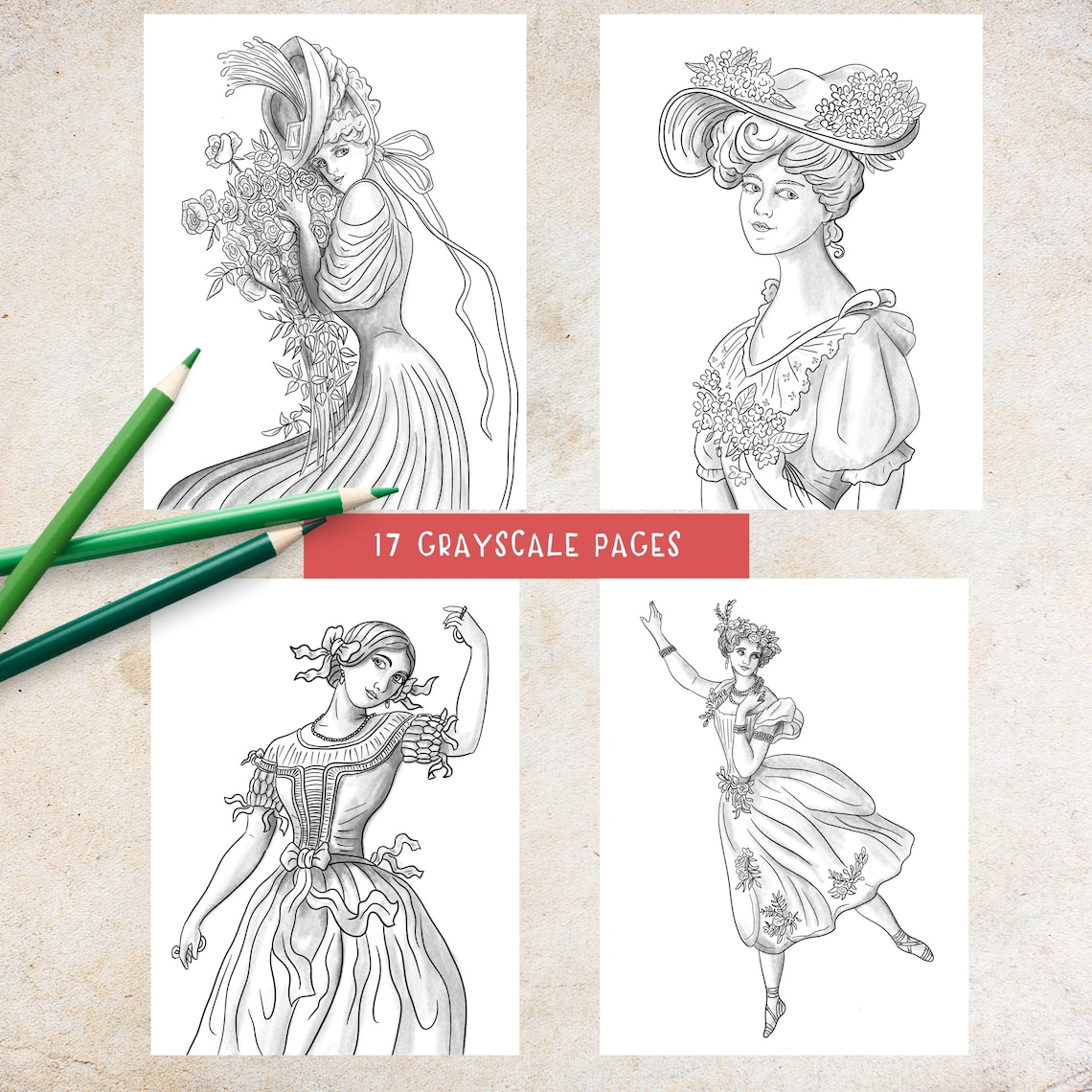 Vintage Ladies Adult Coloring Pages 17 Printable Grayscale - Etsy