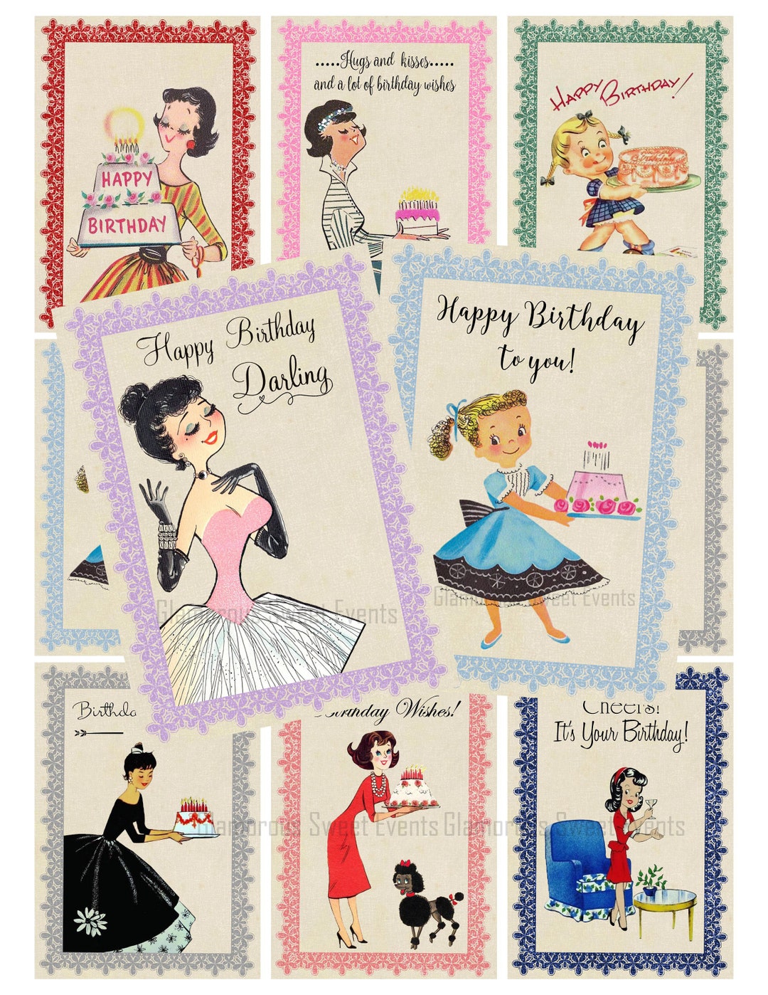 INSTANT DOWNLOAD Vintage Birthday Cards, Retro Birthday Cards, Digital ...