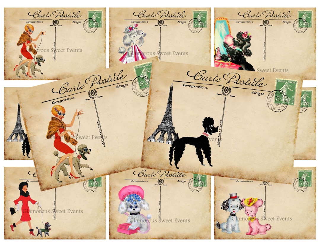 INSTANT DOWNLOAD, Vintage Paris Postcards, Poodle Postcards, Collage ...