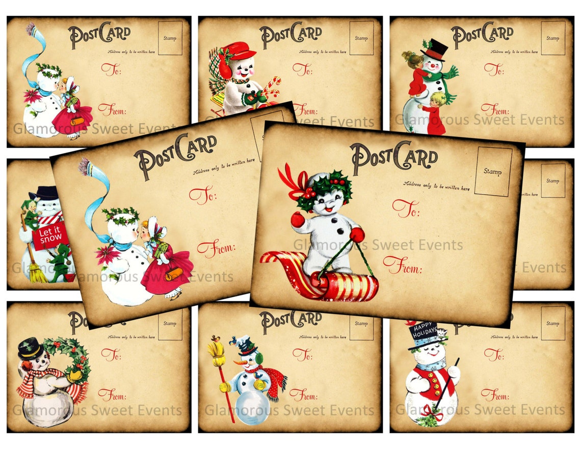 INSTANT DOWNLOAD Vintage Snowman Postcards Christmas cards | Etsy