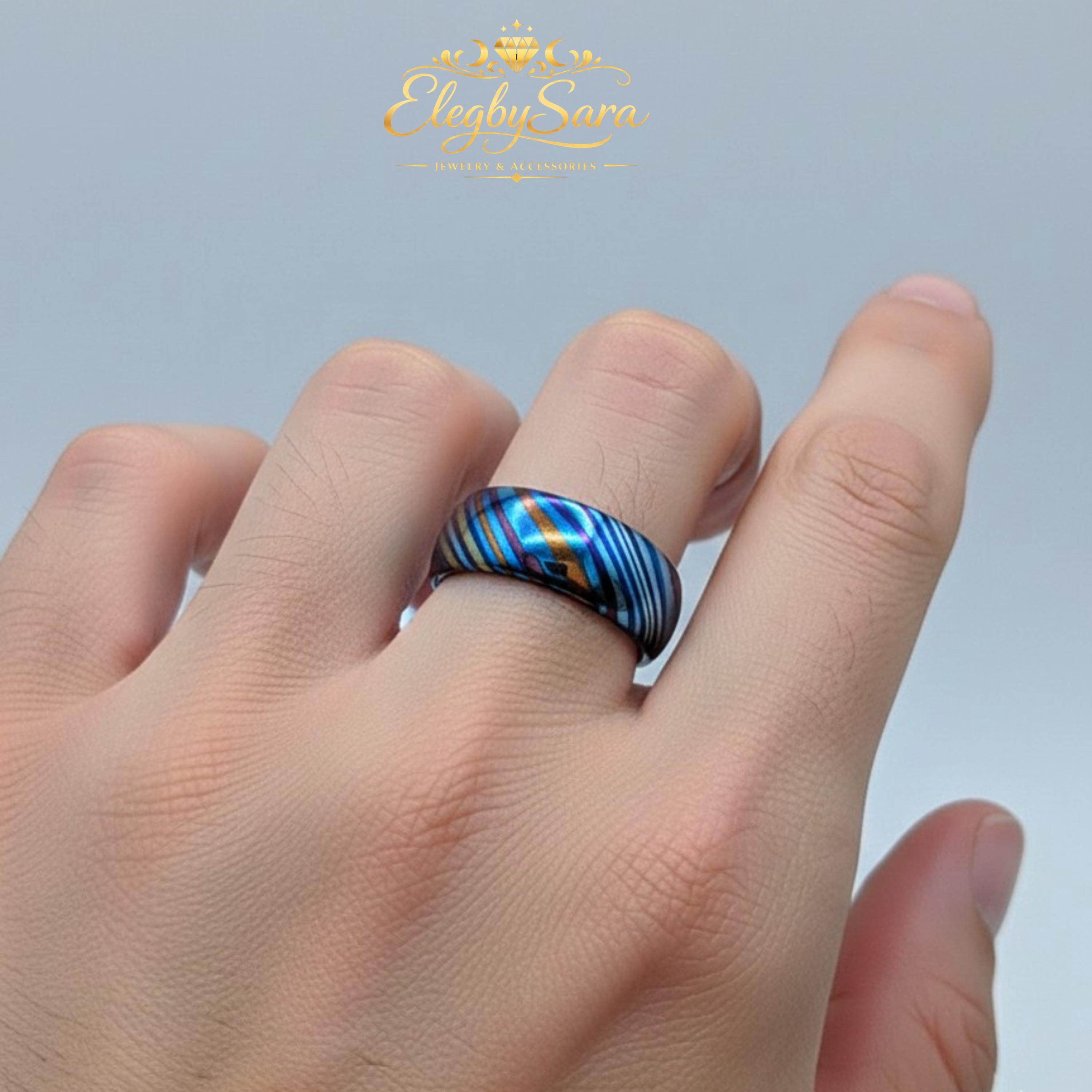 Blue Flaming Timascus Dome Ring – Hand Forged Titanium Damascus Wedding ...