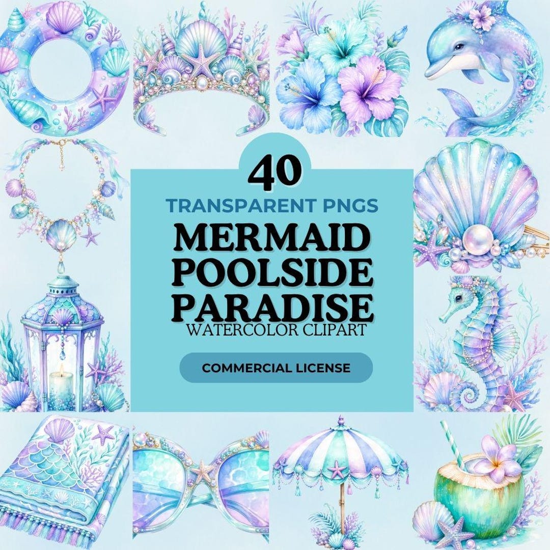 Mermaid Pool Party Clipart Bundle, Watercolor Tropical Summer PNG ...