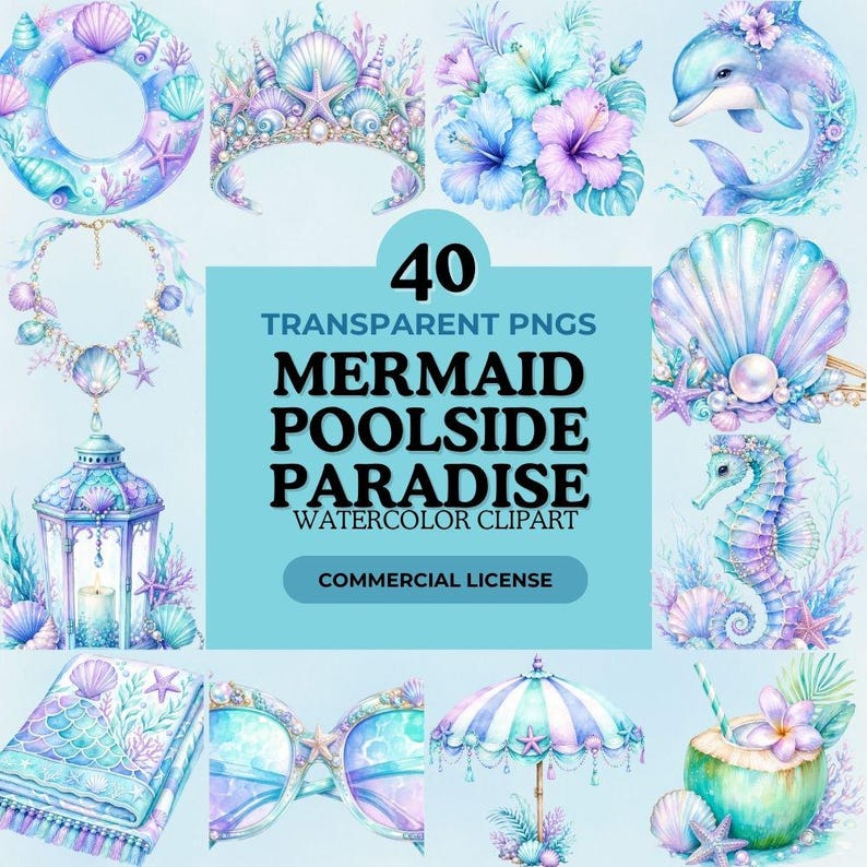 Mermaid Pool Party Clipart Bundle, Watercolor Tropical Summer PNG ...