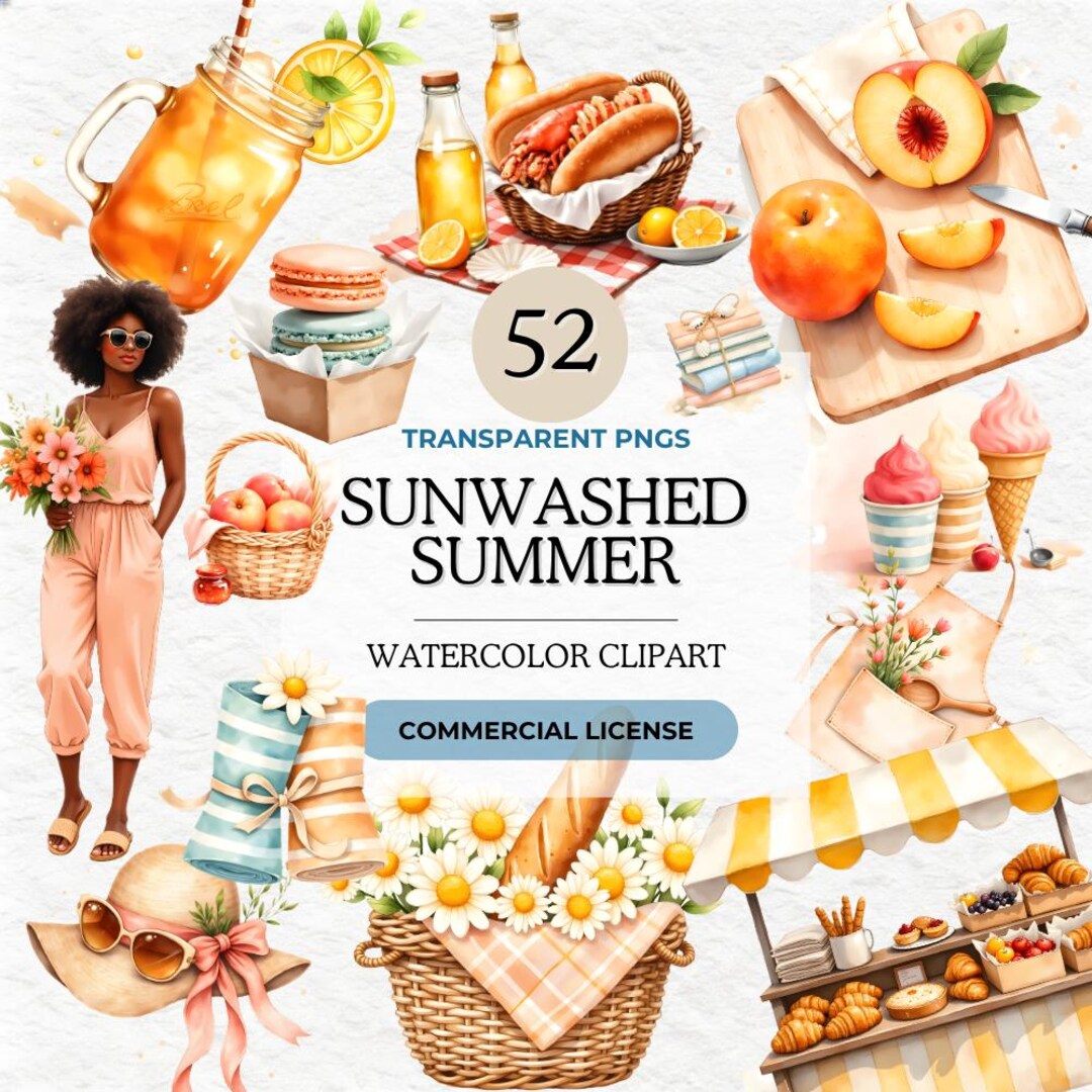 Sunwashed Summer Clipart Bundle, Watercolor Picnic Market Pngs, 52 ...