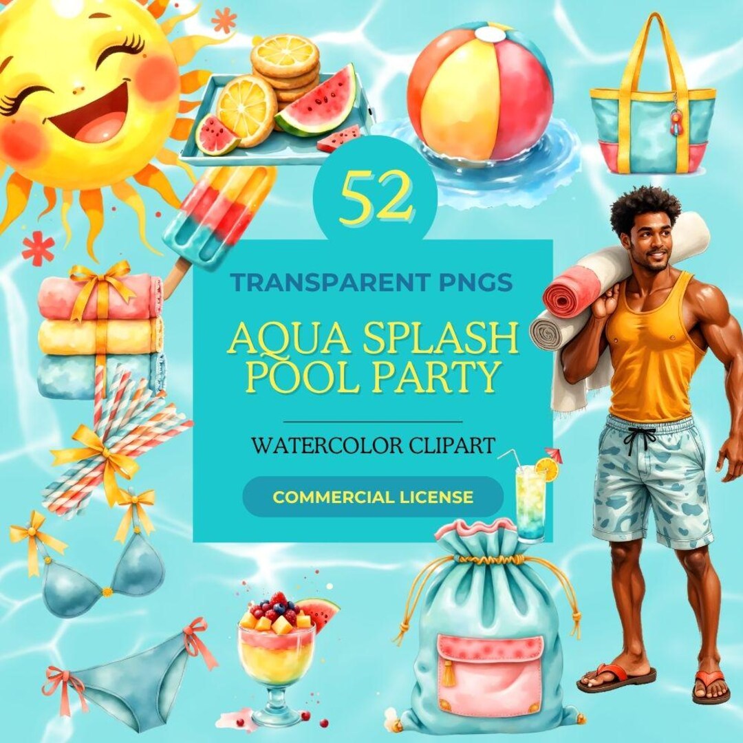 Pool Party Clipart Bundle, Summer Watercolor Pngs, Aqua Splash Beach ...