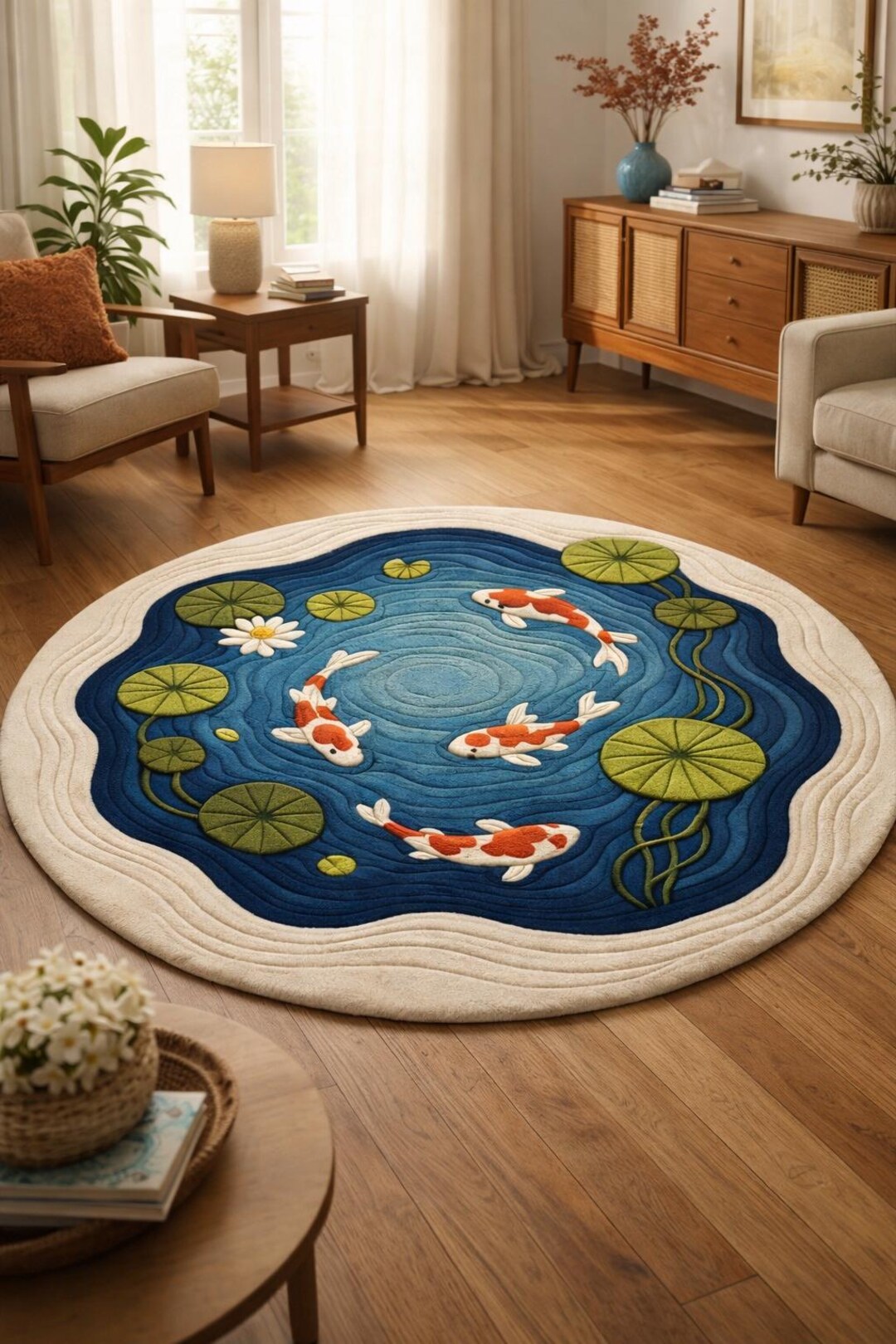 Koi Fish Pond Hand Tufted Rug, Round Blue Water Lily Pad Carpet ...