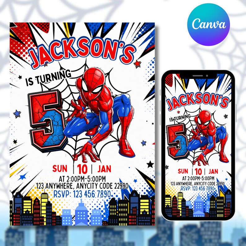 Spider-man 5th Birthday Invitation Editable Canva Template, Superhero ...