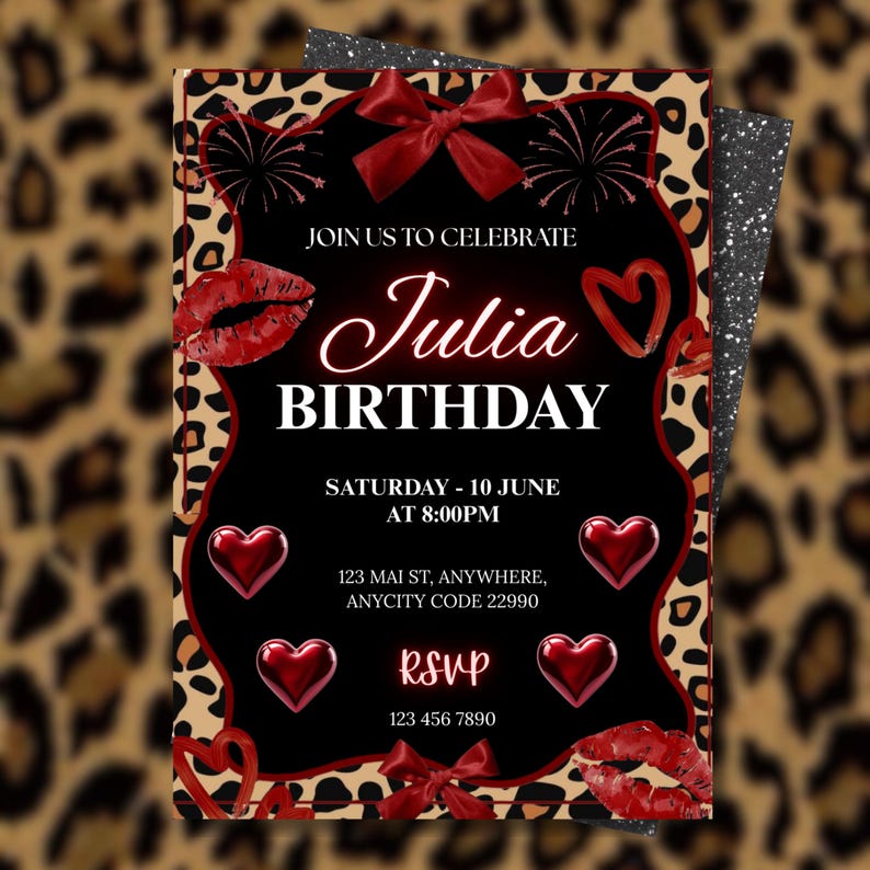 Cheetah Print Birthday Invitation, Black Bow, Editable Canva Template ...