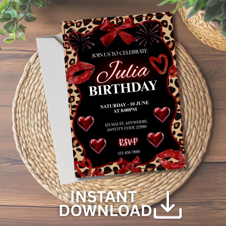 Cheetah Print Birthday Invitation, Black Bow, Editable Canva Template ...