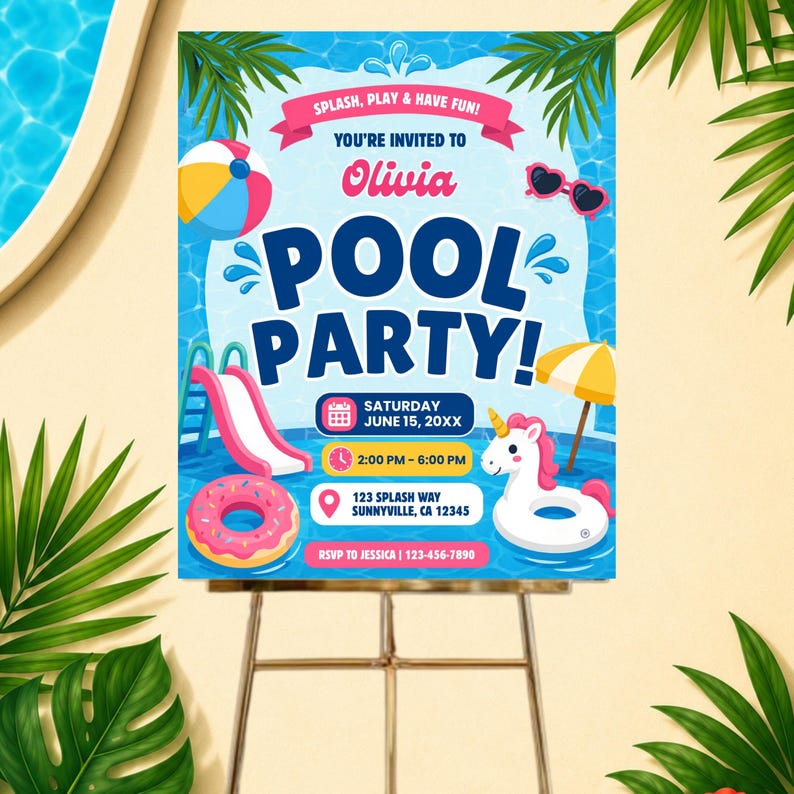 Pool Party Welcome Sign, Editable Canva Template, Summer Birthday Party ...