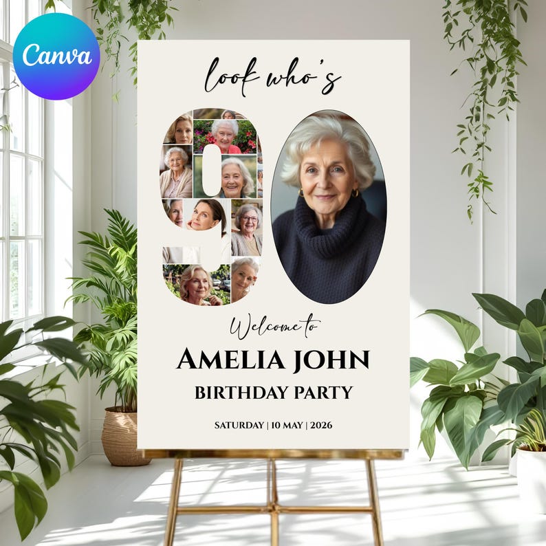 90th Birthday Photo Collage Welcome Sign Template, Editable 90th ...
