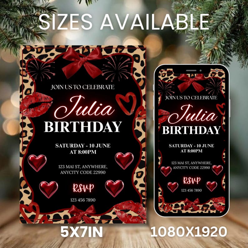 Cheetah Print Birthday Invitation, Black Bow, Editable Canva Template ...