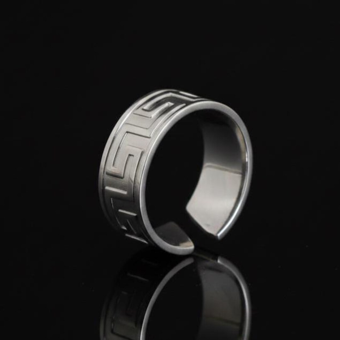 Maori Engraved Statement Ring – Men’s Open Adjustable Rhodium Plated ...