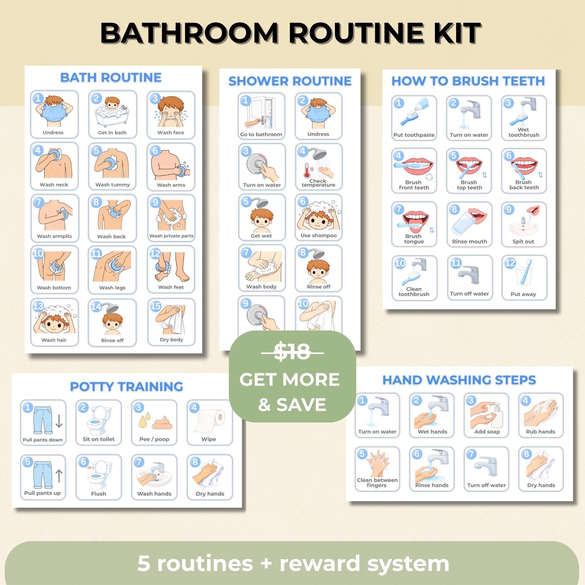 5 Bathroom Routine Charts for Kids | Reward Chart Bundle | Potty ...
