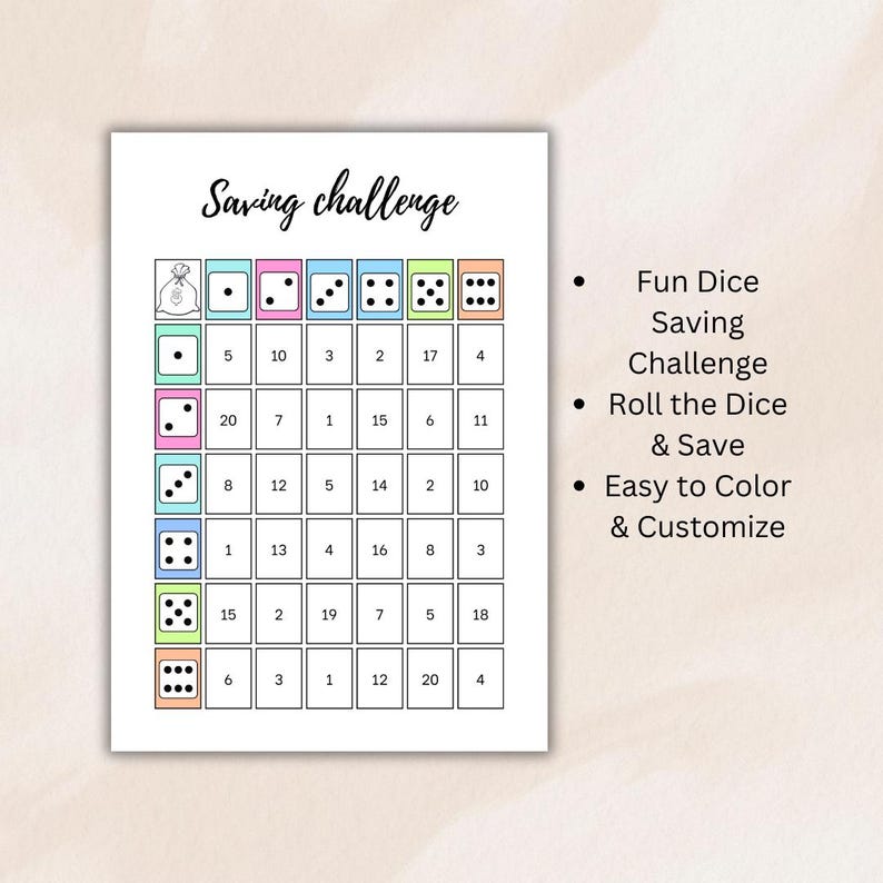 Saving Challenge Dice Printable, Money Goal Game for Budget Binder ...