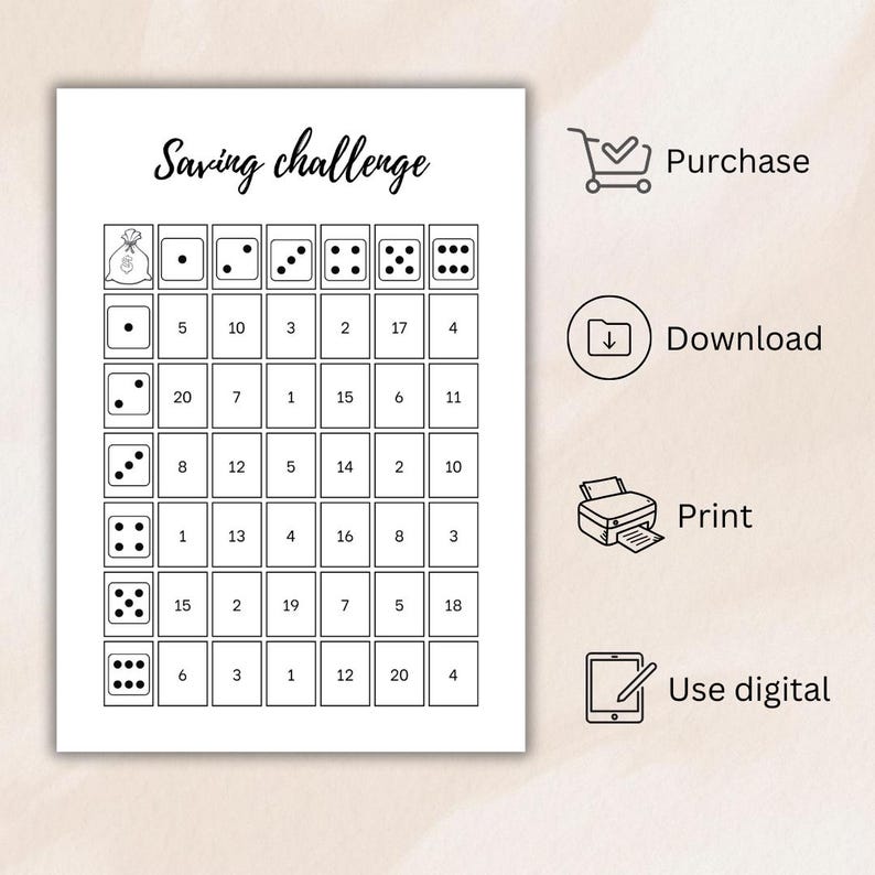 Saving Challenge Dice Printable, Money Goal Game for Budget Binder ...