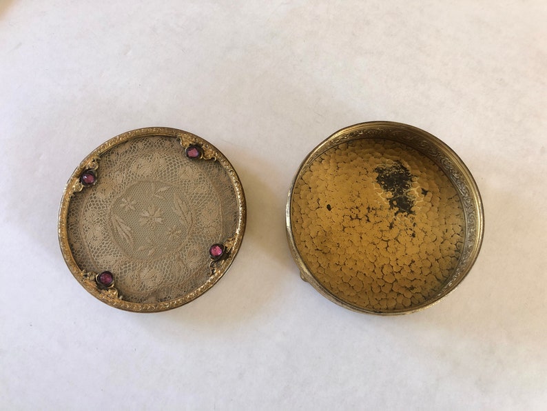Antique Apollo Jeweled Trinket Box Lace Insert Gold Ornate Vintage ...
