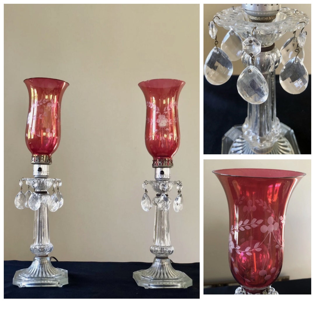 Vintage Cranberry Glass Hurricane Lamps With Dangling Crystals Matching ...