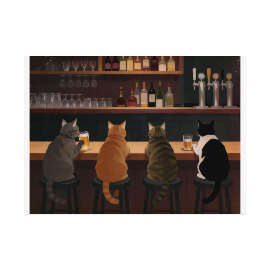 Cats at the Bar Rolled Print | Drinking Cats Wall Art, Pub Scene Print ...