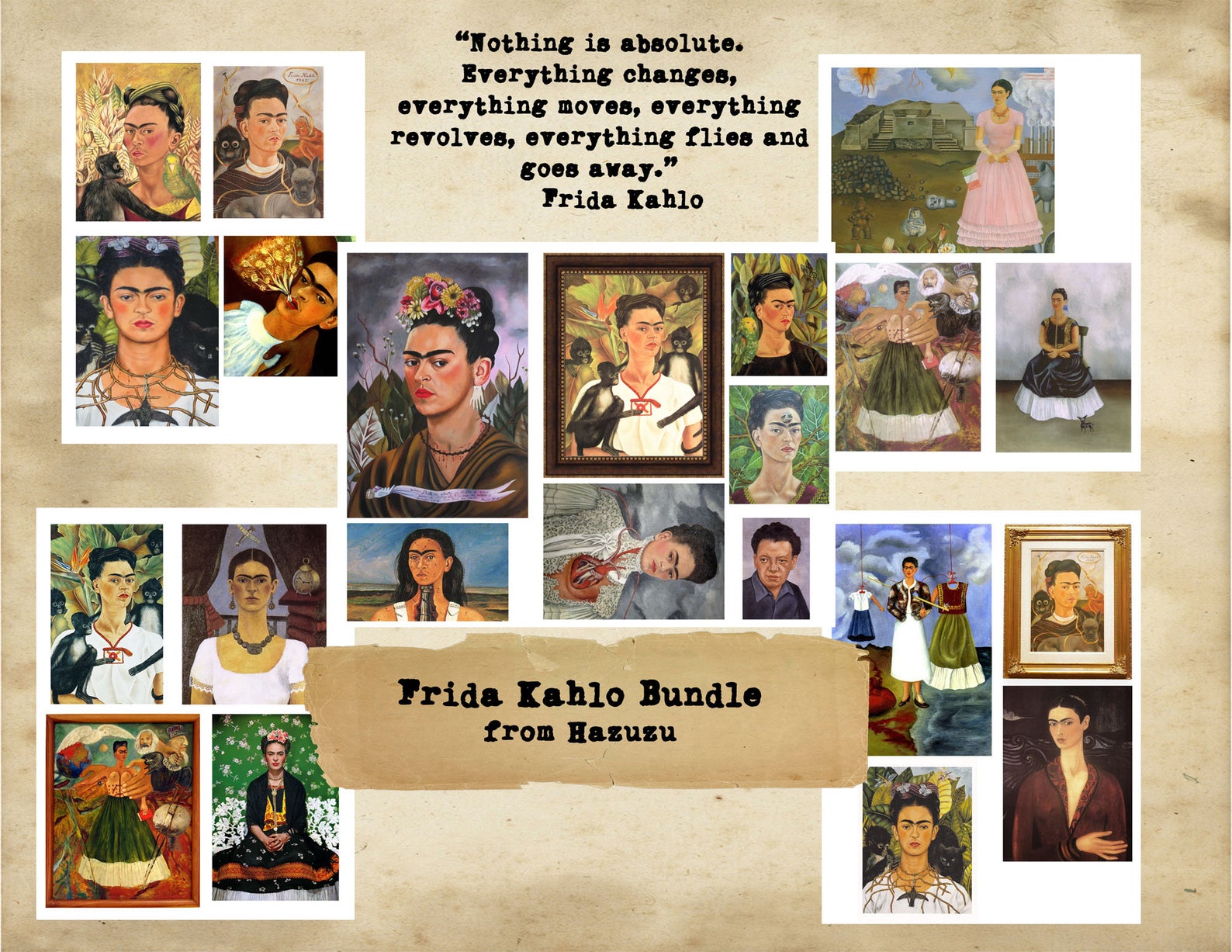 Frida Kahlo 9 Page Bundle Printable Paintings Paper Pack Collage Sheet ...