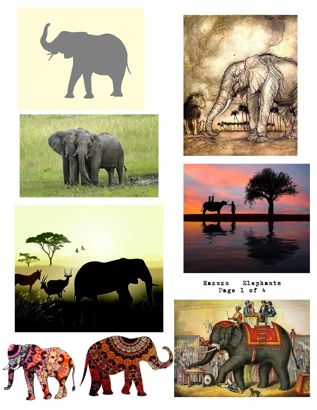 ELEPHANTS Bundle 4 Pages Endangered Species Collage Sheets Africa India ...