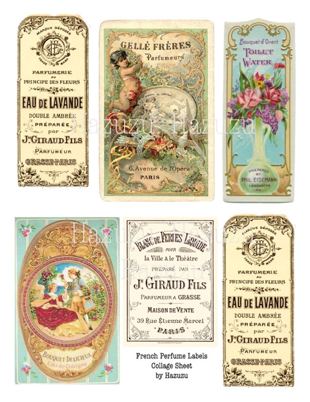 Six Vintage French Perfume Labels PNG Paris Antique Ephemera Digital ...