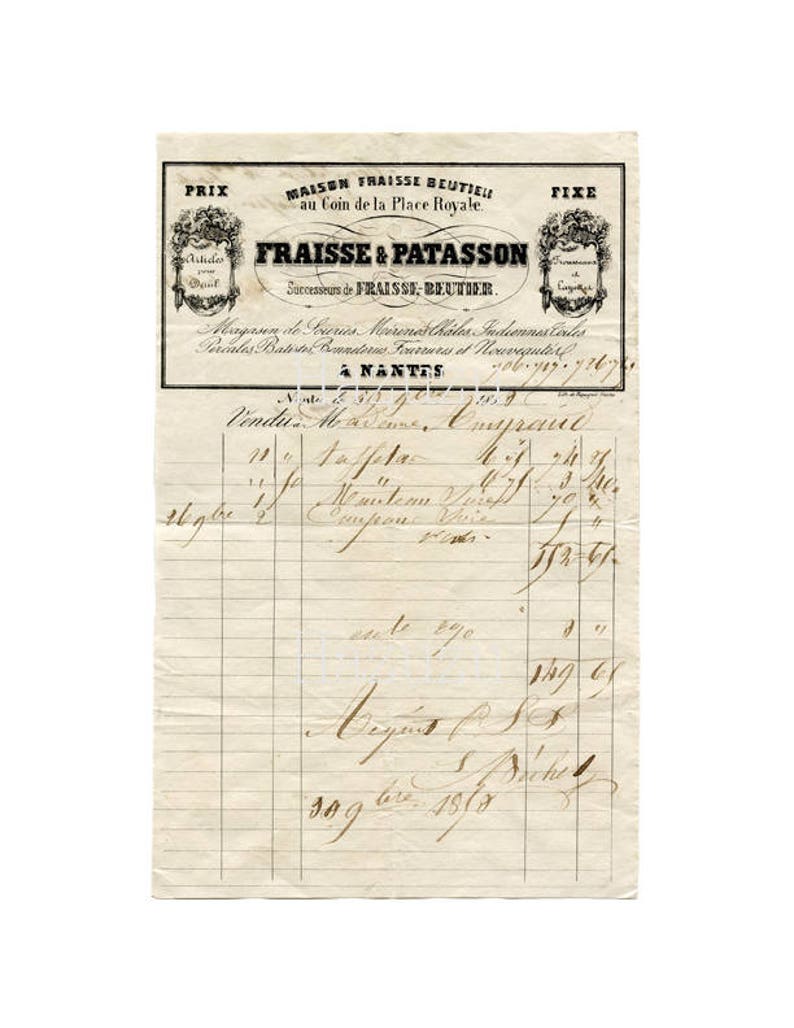 Handwritten French Receipt Ephemera Paris Art Vintage Old - Etsy