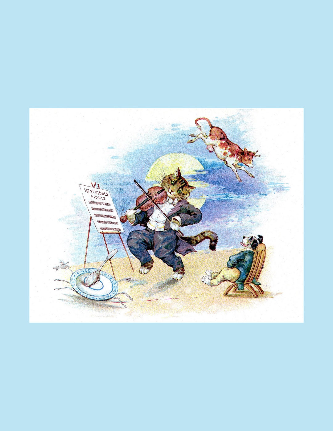 Hey Diddle Cat Fiddle Cow Moon Childs Room Nursery Rhyme Vintage Fairy ...