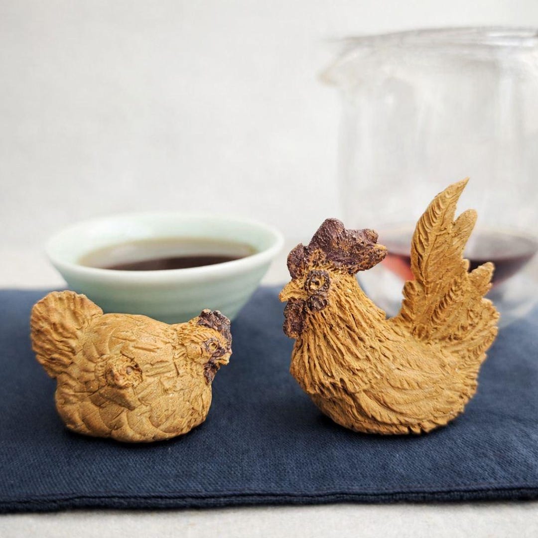 Rooster & Hen Tea Pets , Handcrafted Clay Duo With Tiny Chick , Gong Fu ...