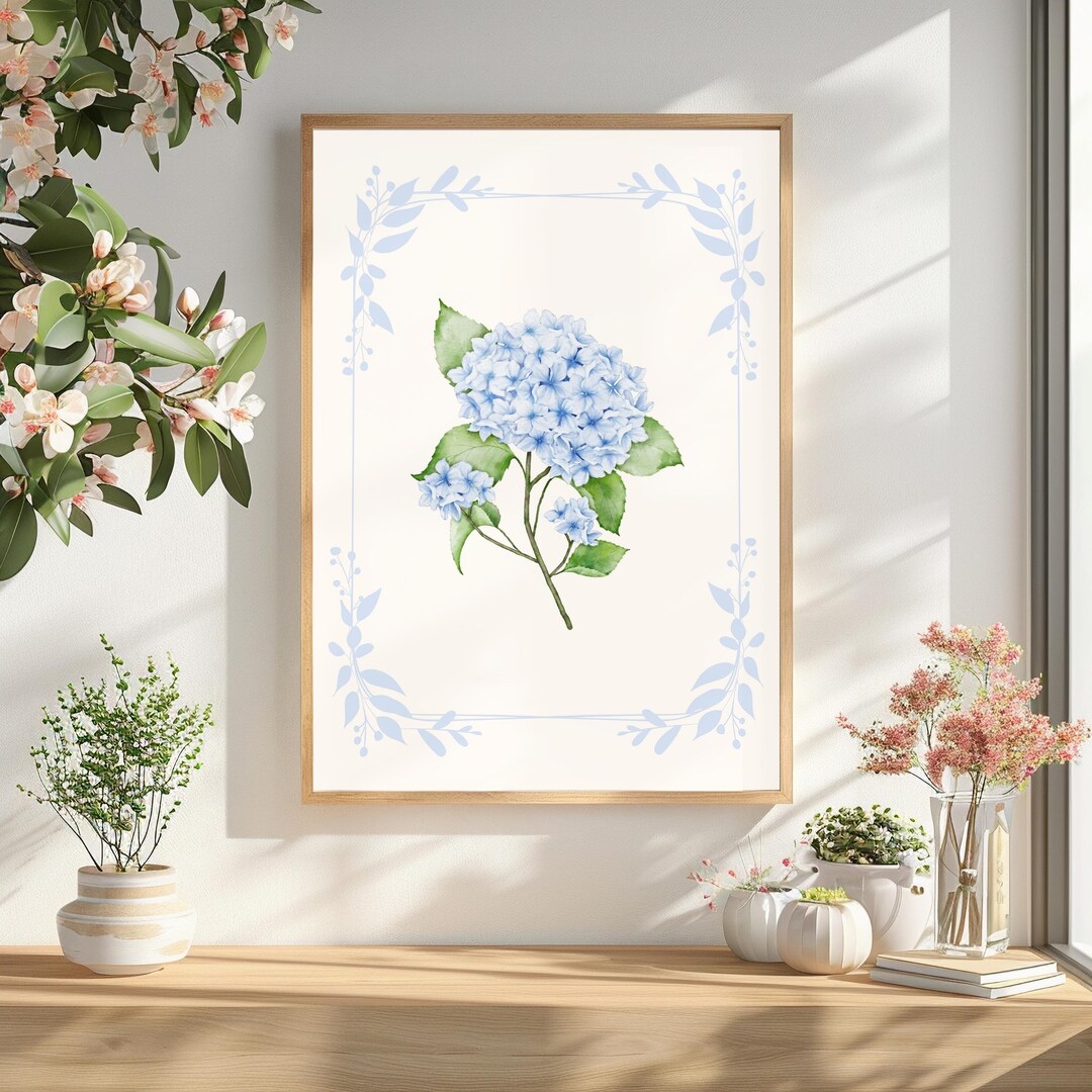 Blue Hydrangea Wall Art, Printable Floral Wall Art, Botanical Wall Art ...