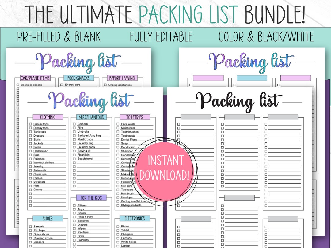 Packing List, EDITABLE, PRINTABLE, Packing List Template, Packing Lists ...