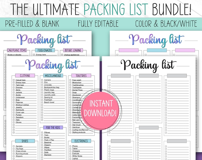 Packing List, EDITABLE, PRINTABLE, Packing List Template, Packing Lists ...