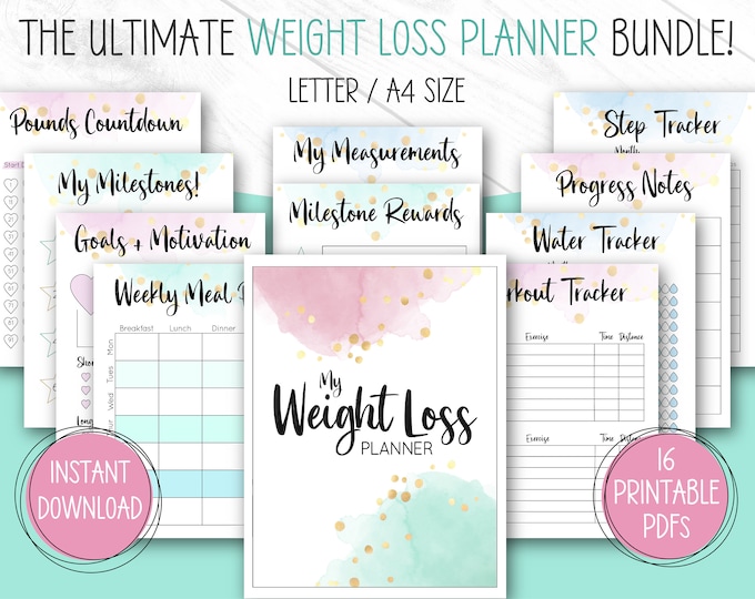 Weight Loss Journal Printable Weightloss Tracker Green Teal Leaf Flower ...