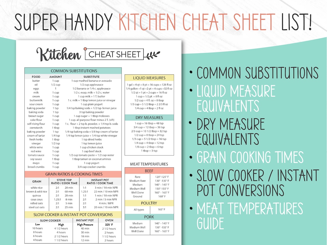 Printable Kitchen Cheat Sheet, Kitchen Substitution Chart, Kitchen ...