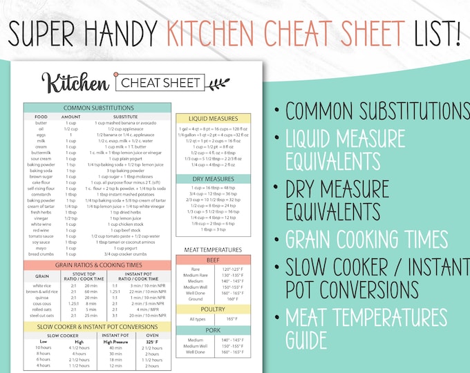Printable Kitchen Cheat Sheet Kitchen Substitution Chart - Etsy