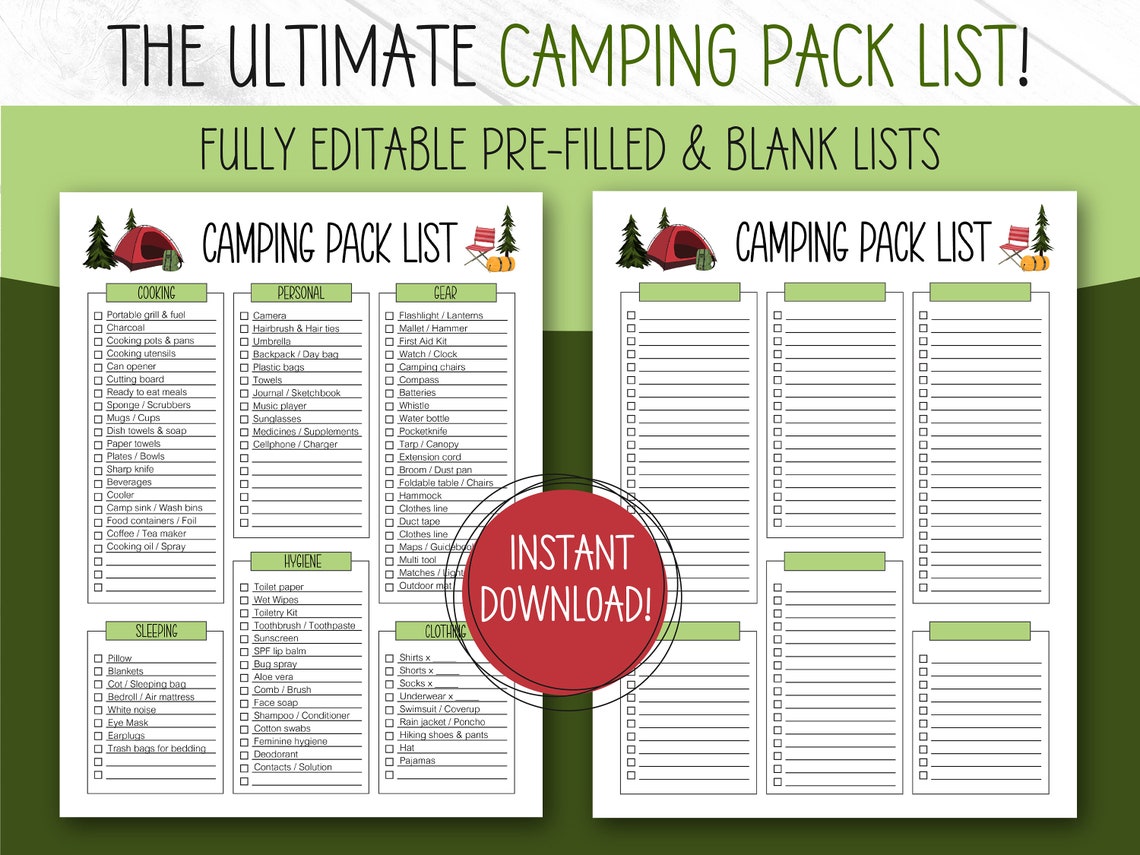 Camping Packing List EDITABLE PRINTABLE Packing List - Etsy
